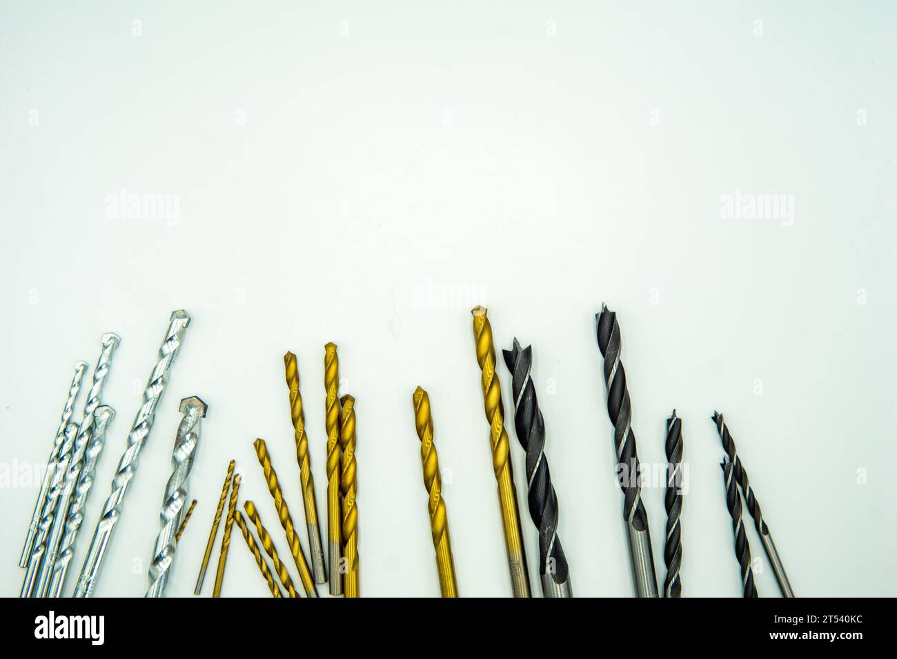 Set of different drills isolated on white background flat lay Stock ...