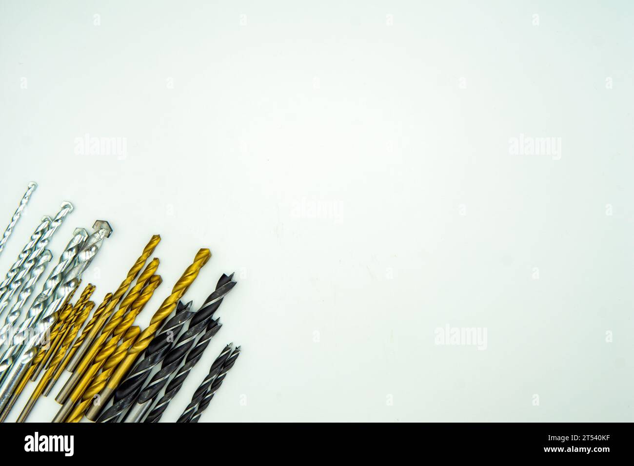 Set of different drills isolated on white background flat lay Stock ...