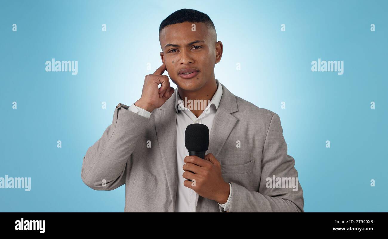 Portrait, man and reporter with mic on blue background for mock up in ...