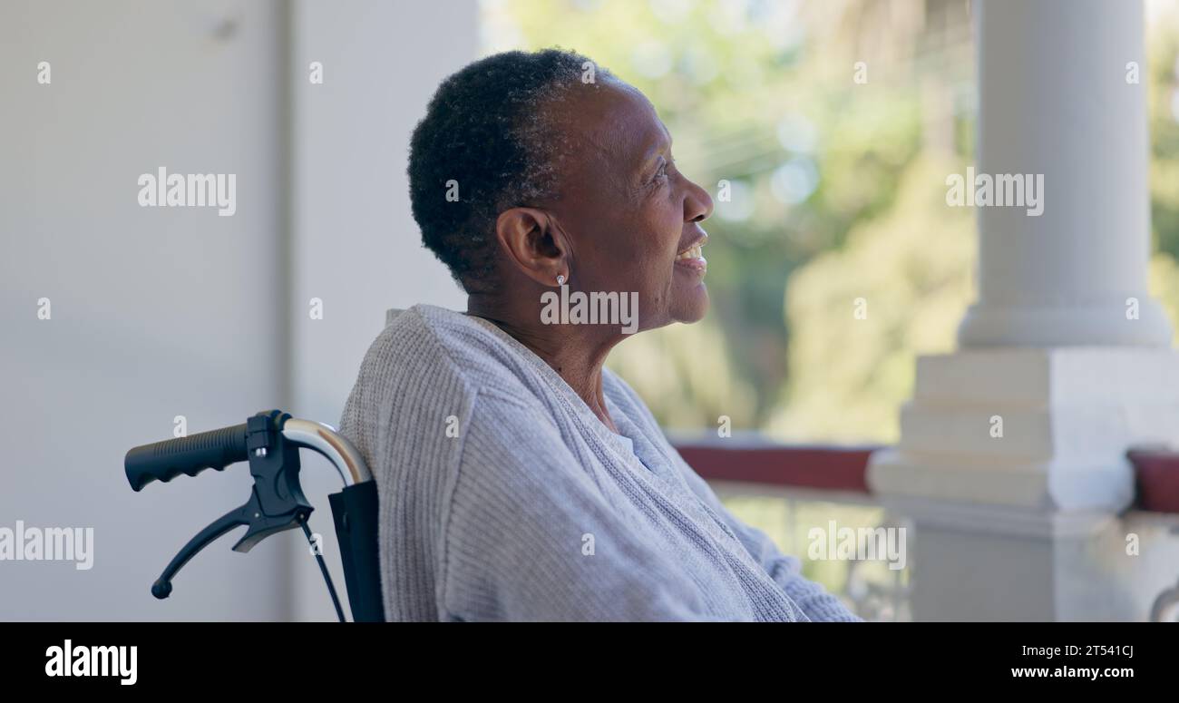 Senior woman, person with disability and balcony with smile, retirement ...