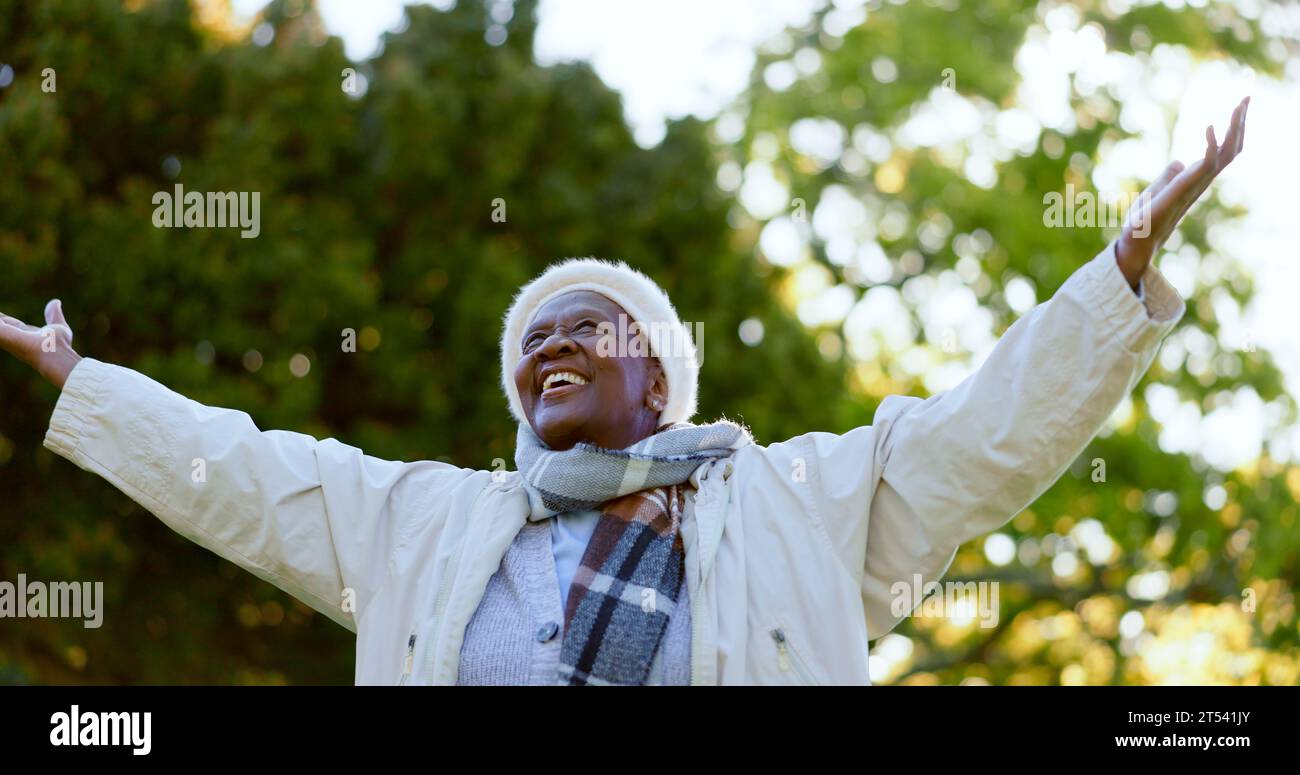 Nature, freedom and happy senior woman in a park for happy, celebration ...
