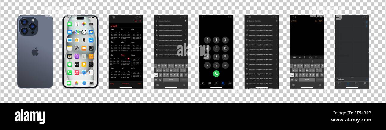 Black Iphone 15 pro interfaces. Apple mockup. Front, back side of the ...