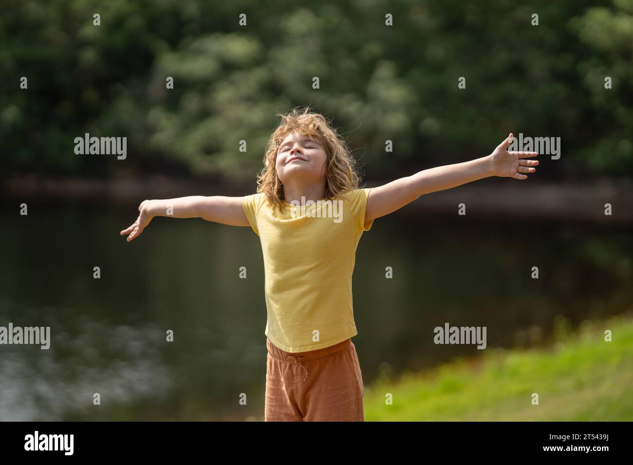 Kid dreams on future. Carefree kid dreaming outdoor. Childhood dream ...
