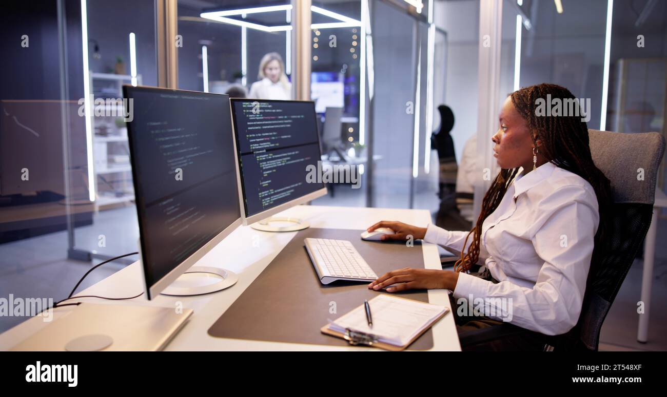 Software Programmer Or Coder Woman Using Office Computer Stock Photo ...