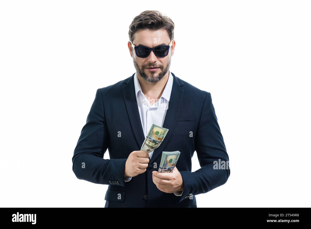 Portrait business man holding cash dollar bills over white background ...