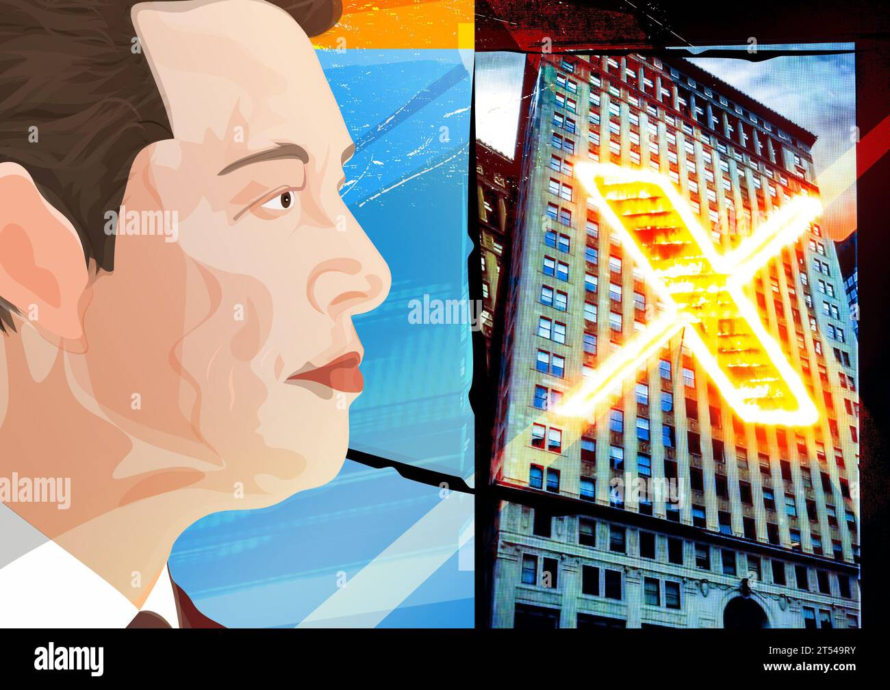 Profile of businessman Elon Musk, new Twitter logo against the ...