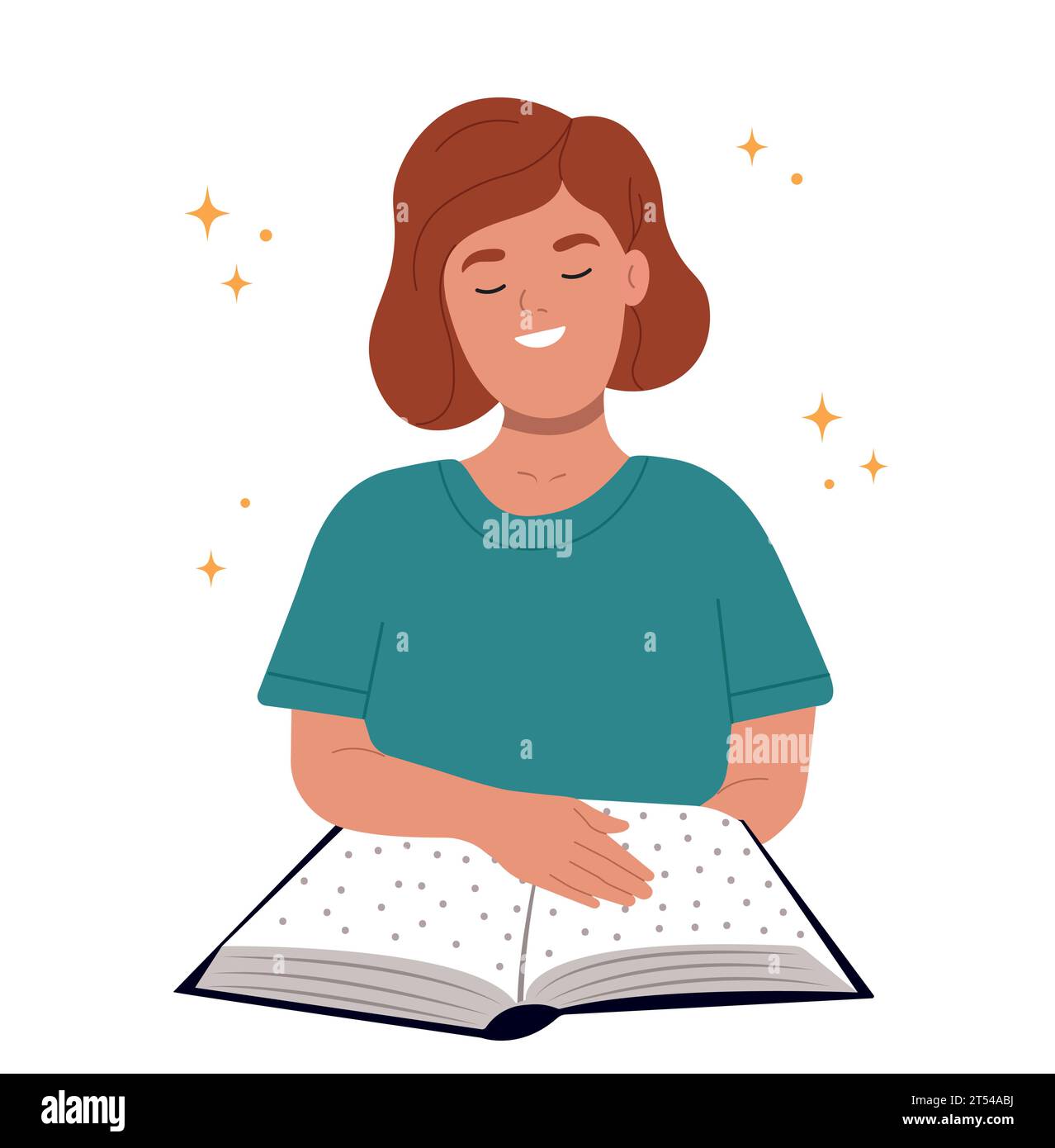 A smiling blind person reads something in Braille. World Braille Day ...