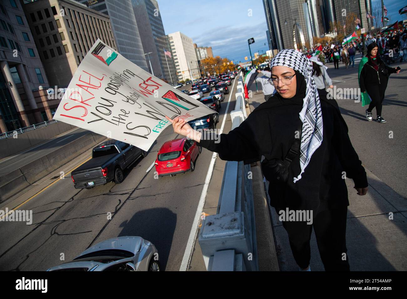 A woman with a placard decrying the siege on Gaza waves it at passing ...