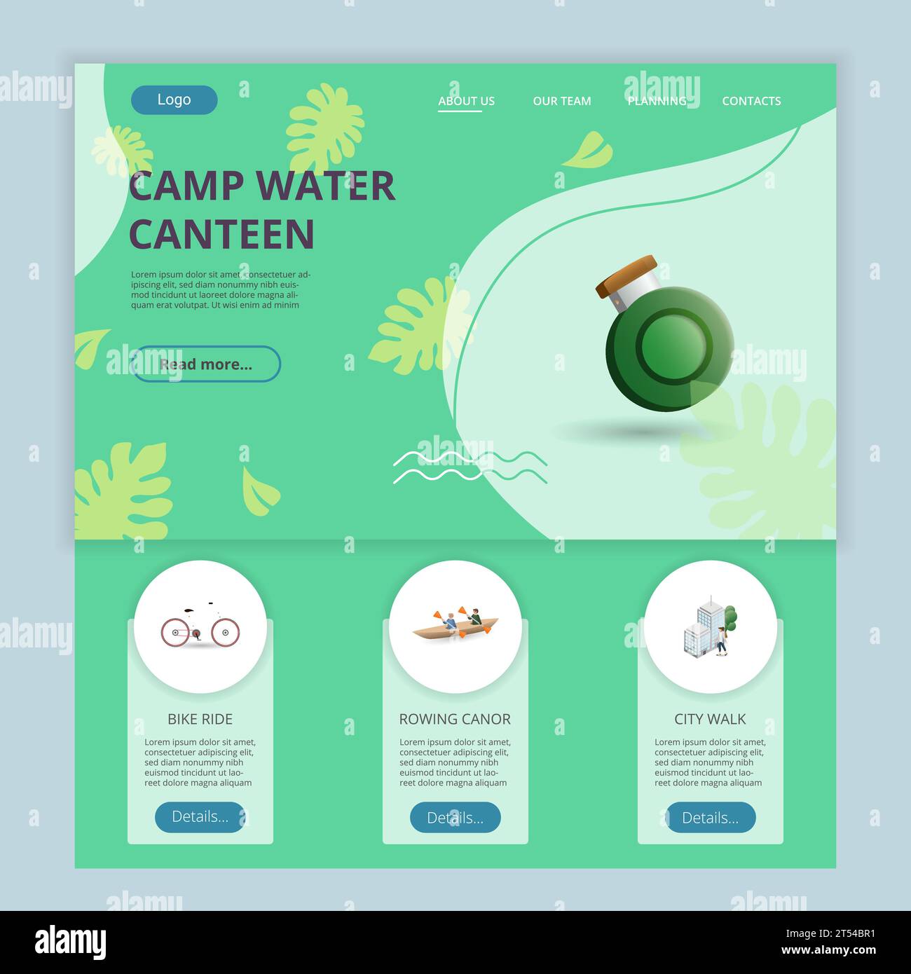 Camp water canteen flat landing page website template. Bike ride ...