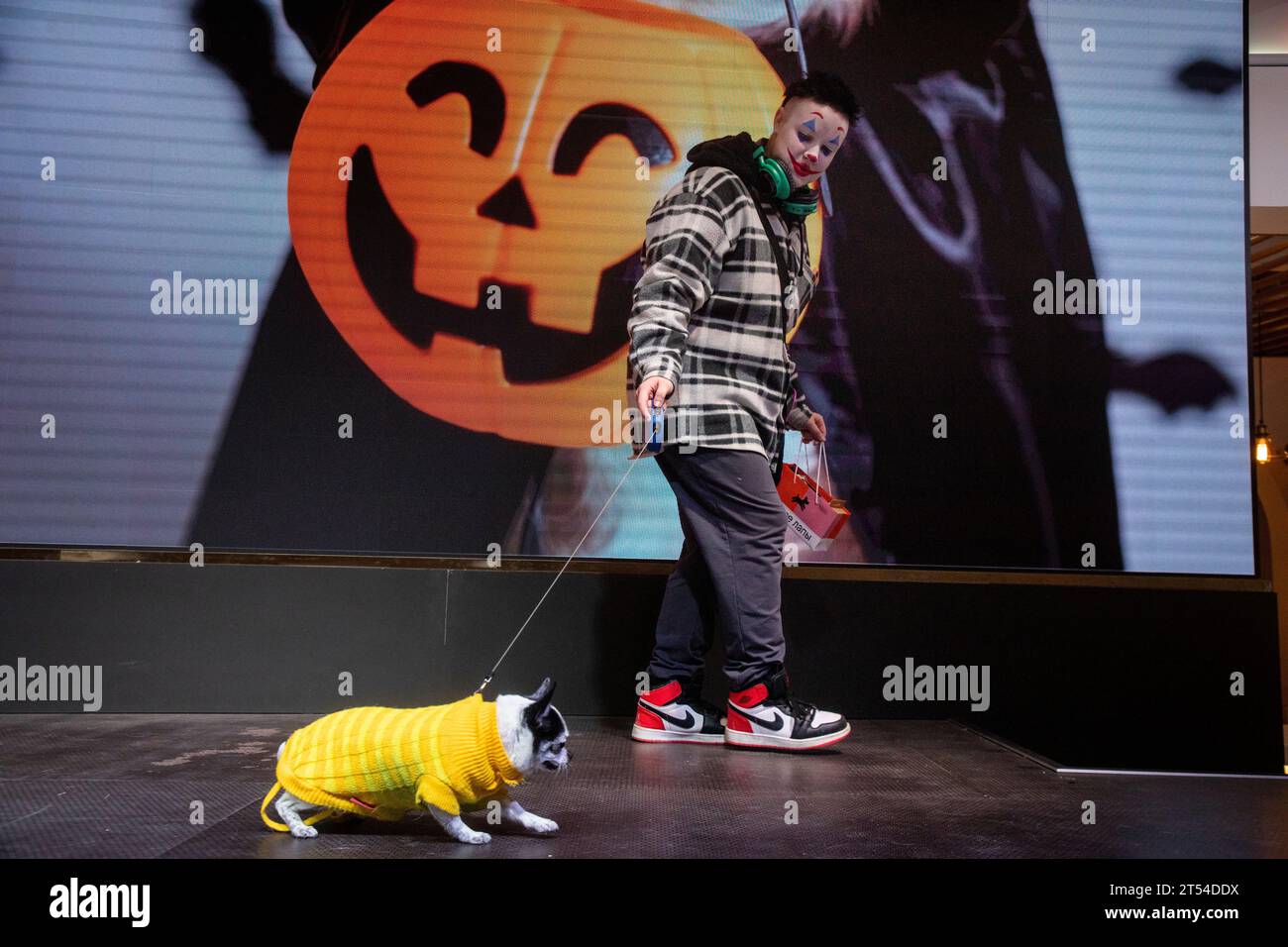 Moscow, Russia. 28th of October, 2023. A girl with her dog walks on ...