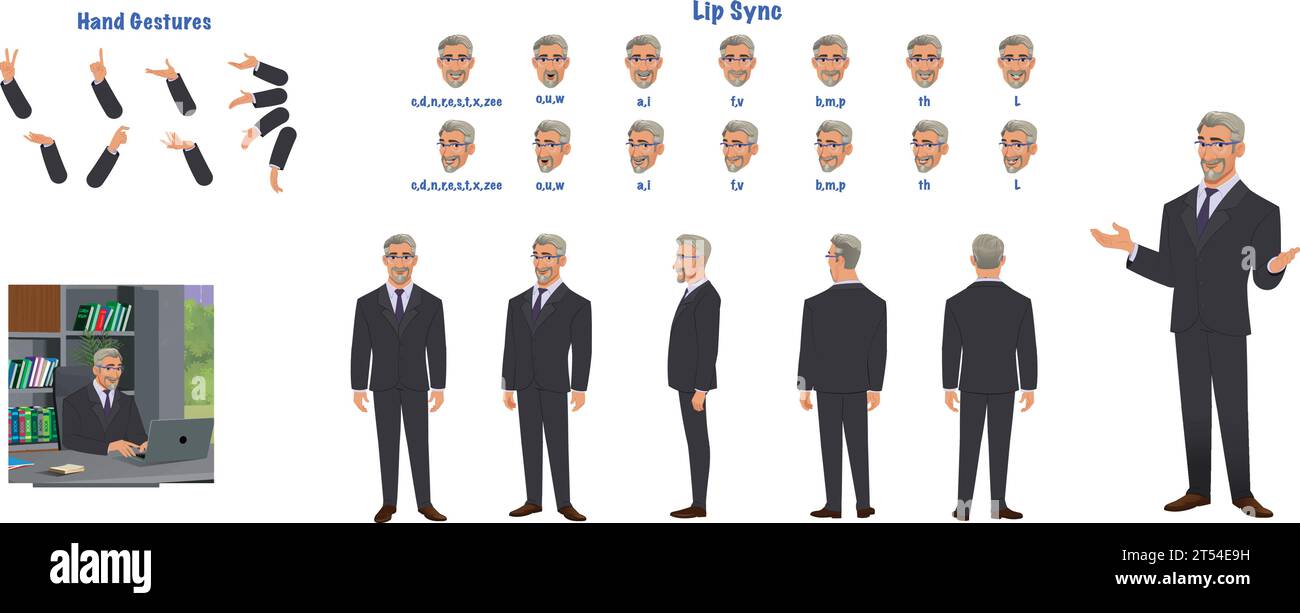 A male principal, manager model sheet. Principal creation set. Principal turnaround sheet, hand ...