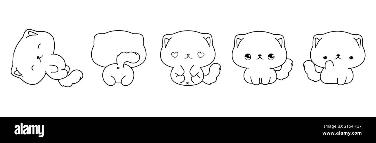 Set of Vector Cartoon Baby Cat Coloring Page. Collection of Kawaii ...