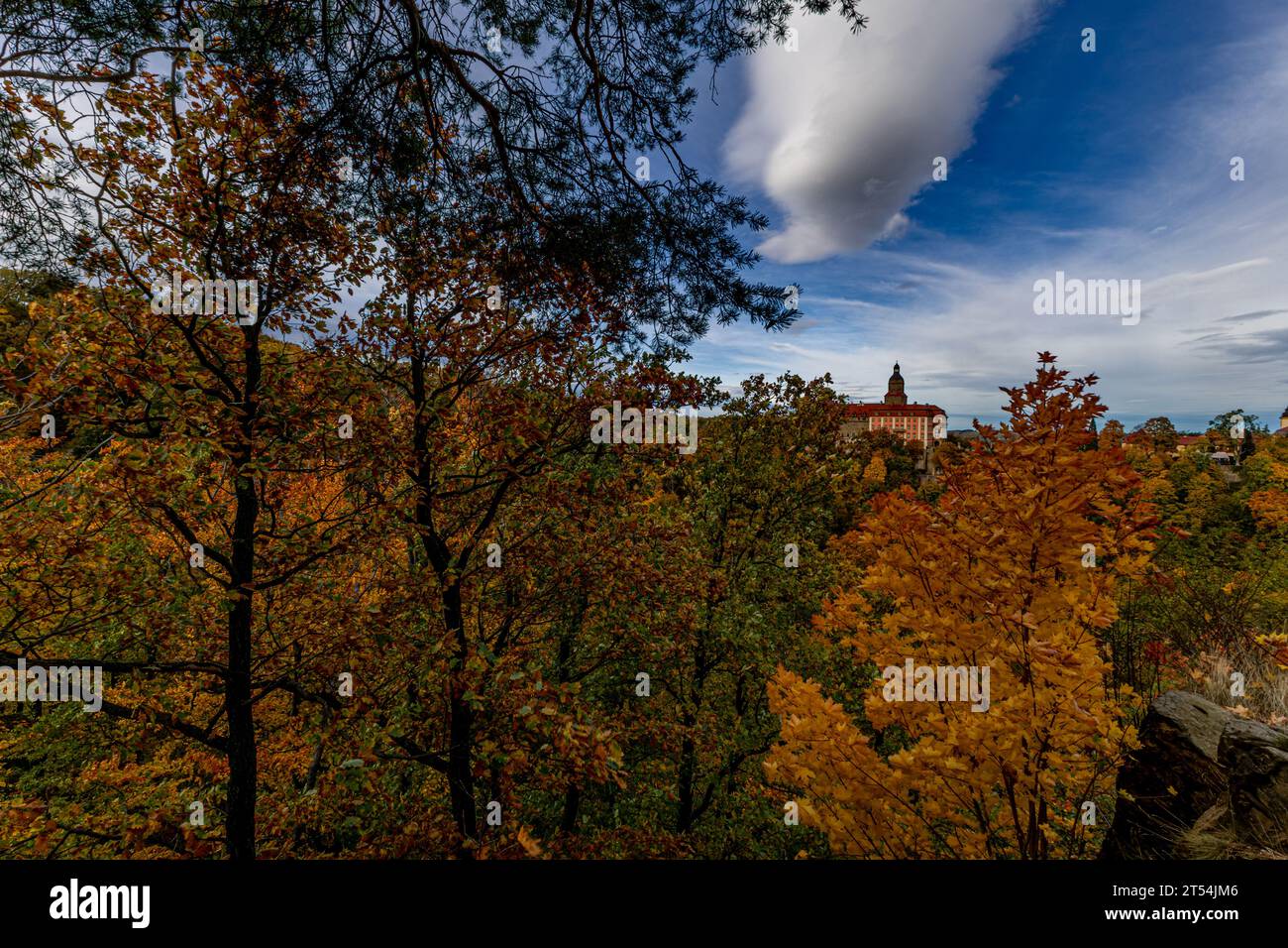 View of the old historic Książ Castle - autumn castle - panorama with a ...