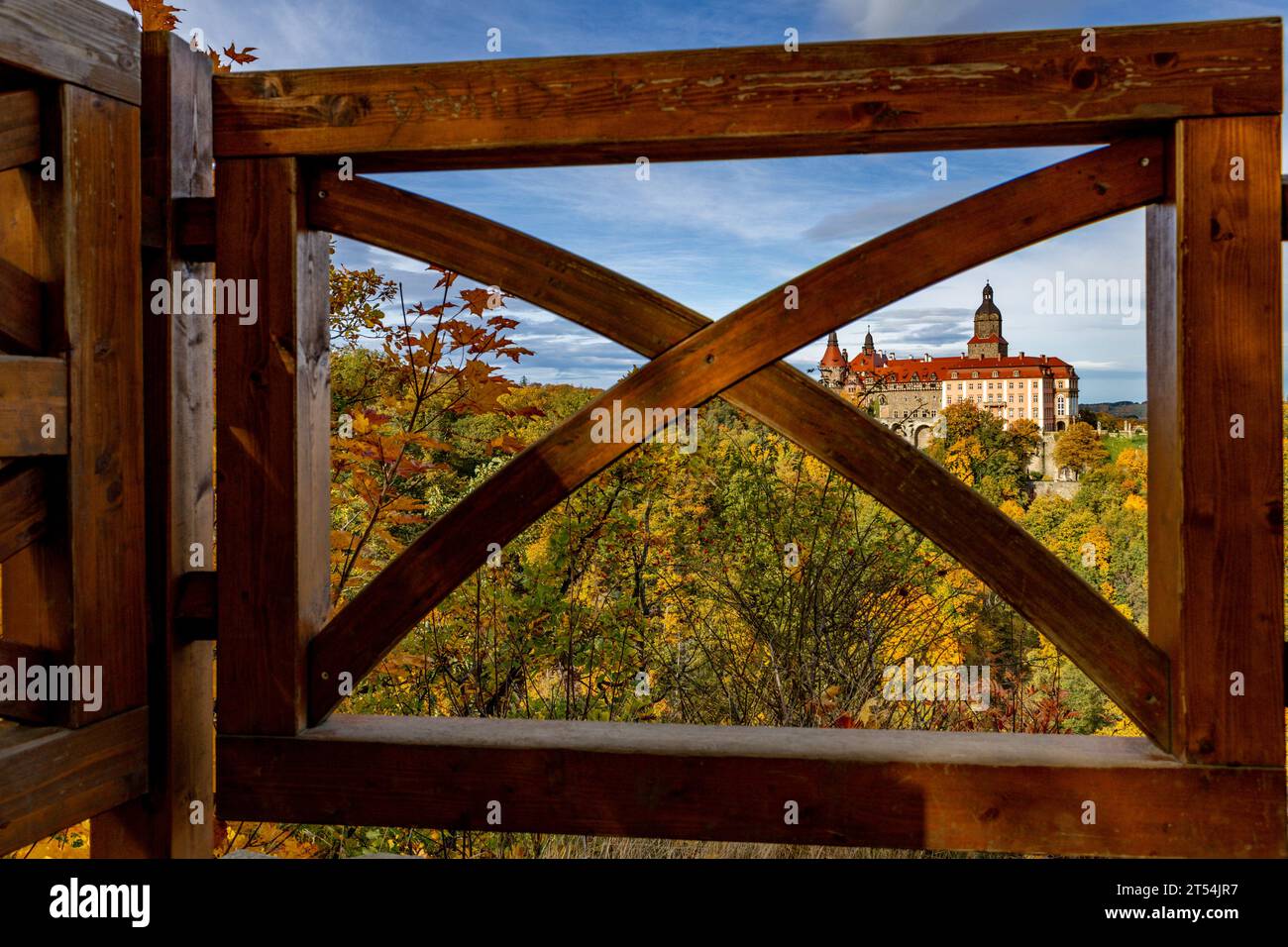 View of the old historic Książ Castle - autumn castle - panorama with a ...