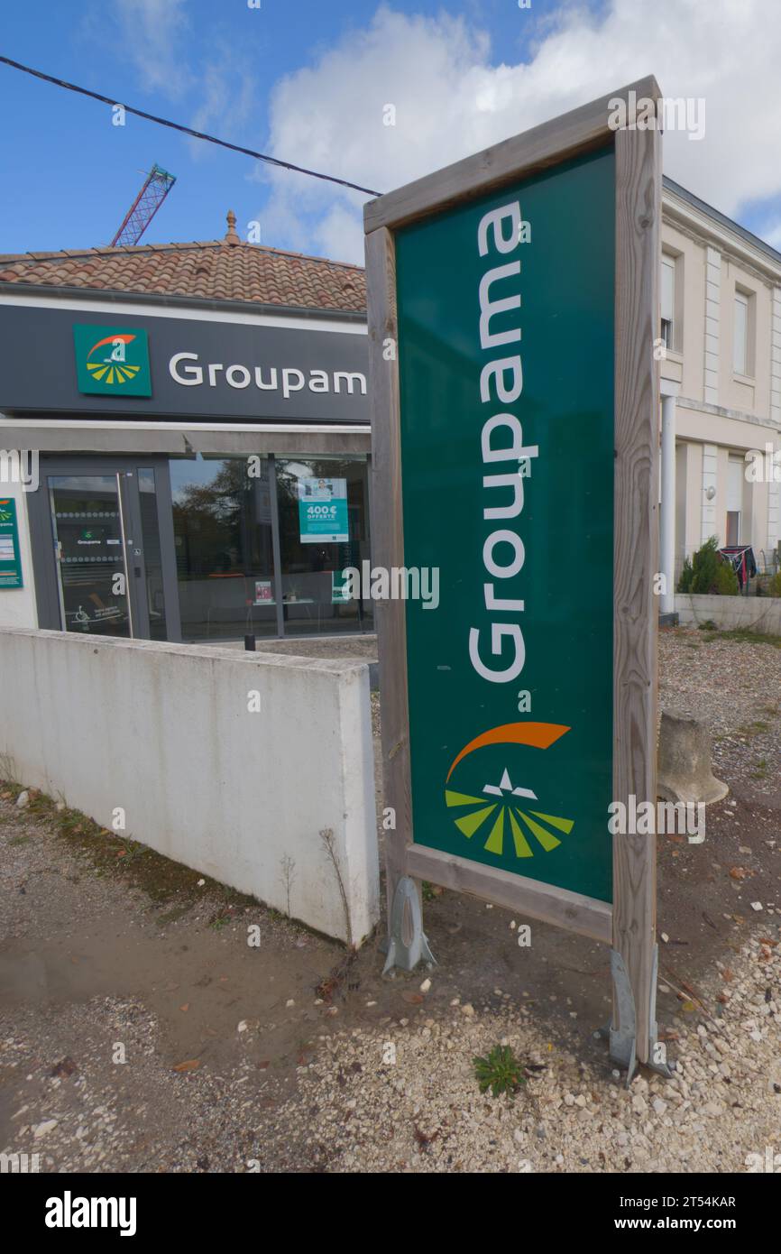 Bordeaux , France - 10 31 2023 : Groupama logo text and facade chain ...