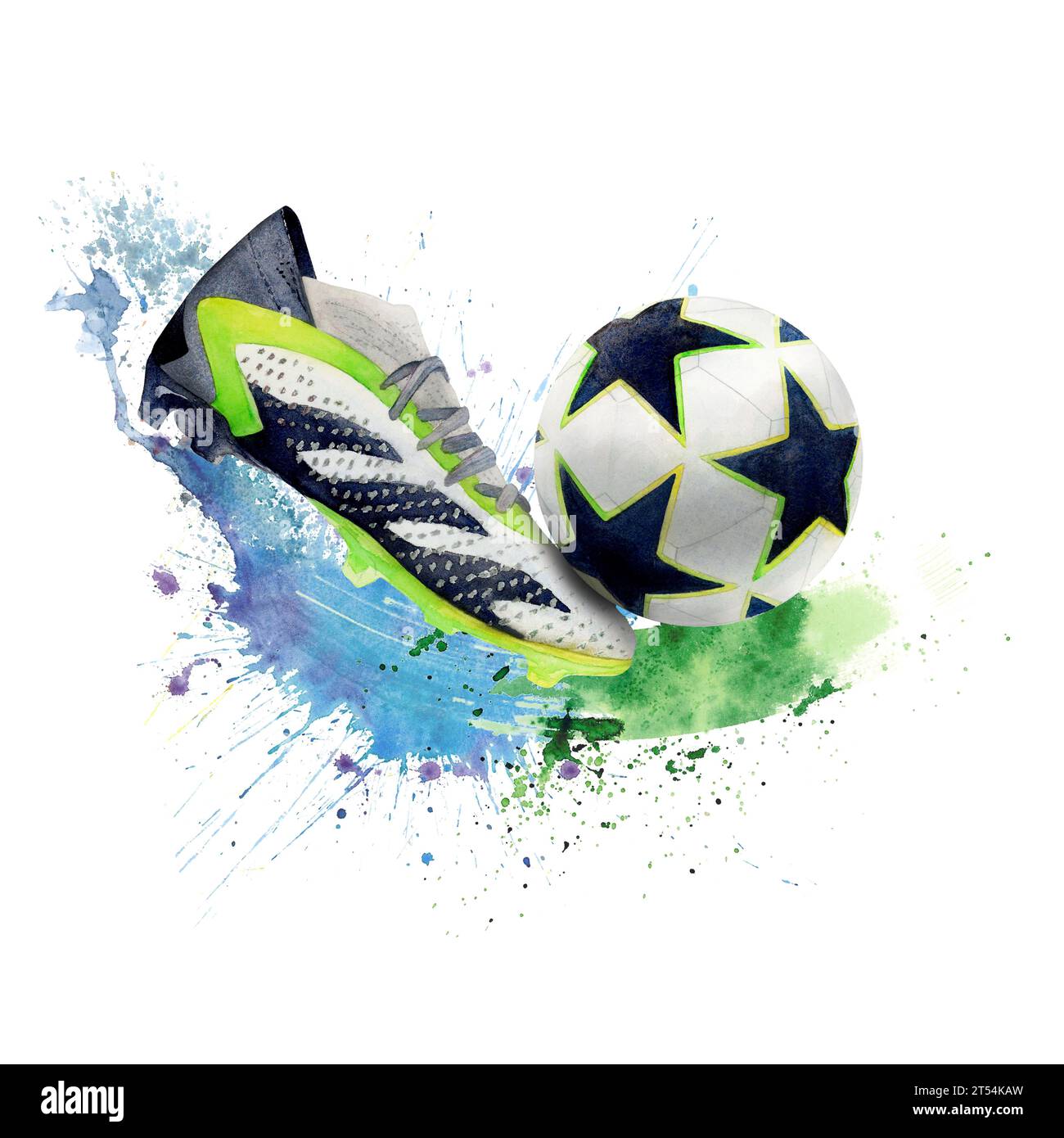 Watercolor drawing of football boot yellow black and white and soccer ...