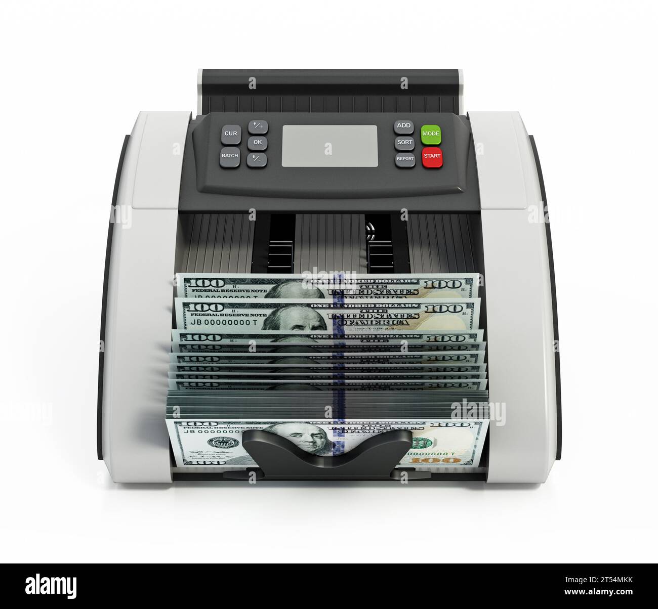 Money counter machine with 100 dollar bills isolated on white ...