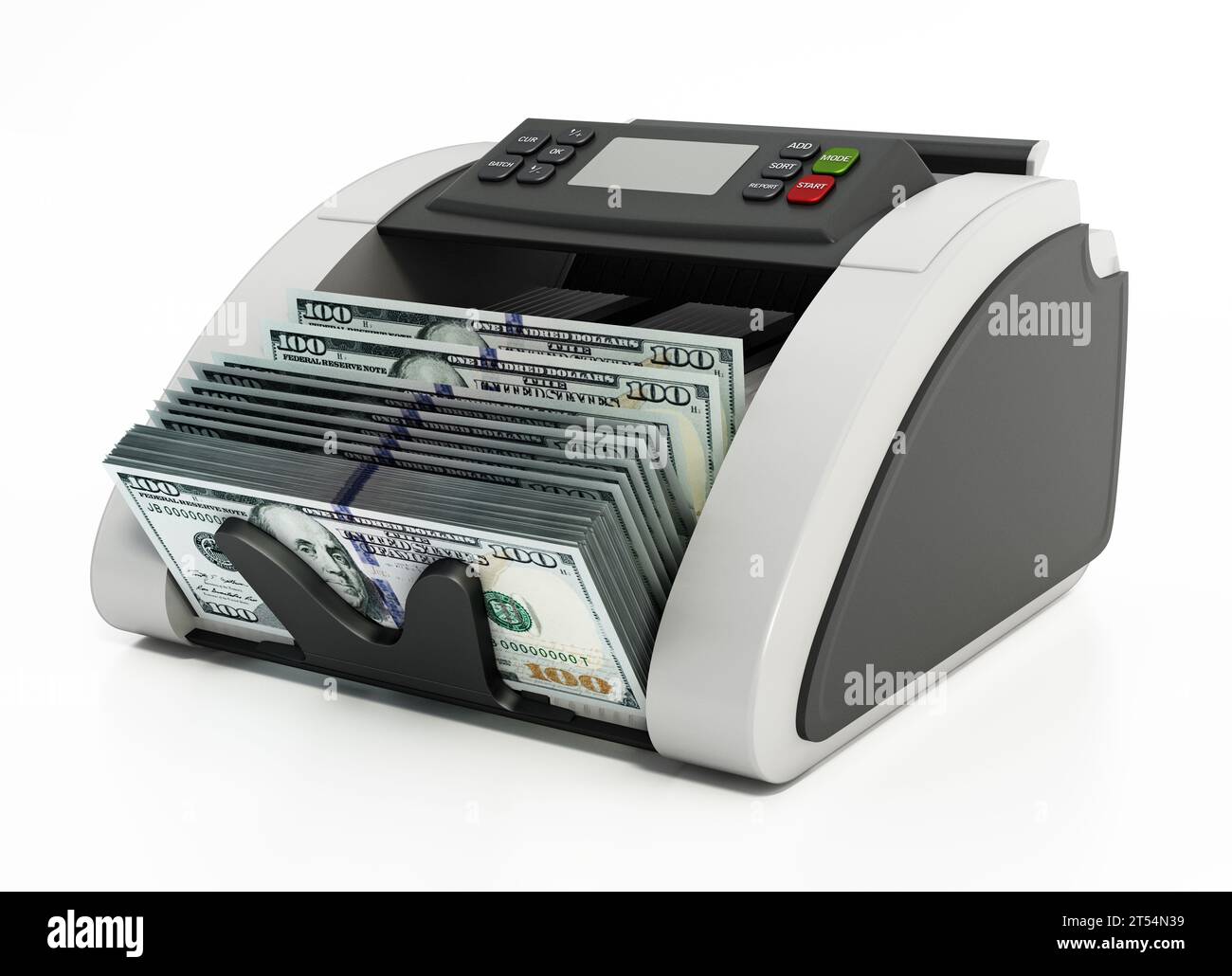 Money counter machine with 100 dollar bills isolated on white ...