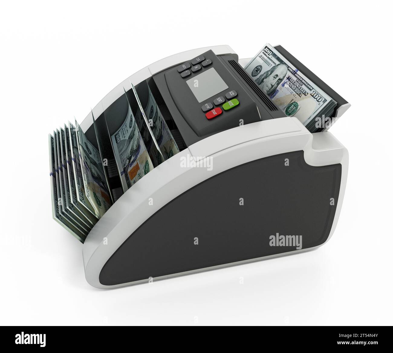 Money counter machine with 100 dollar bills isolated on white ...