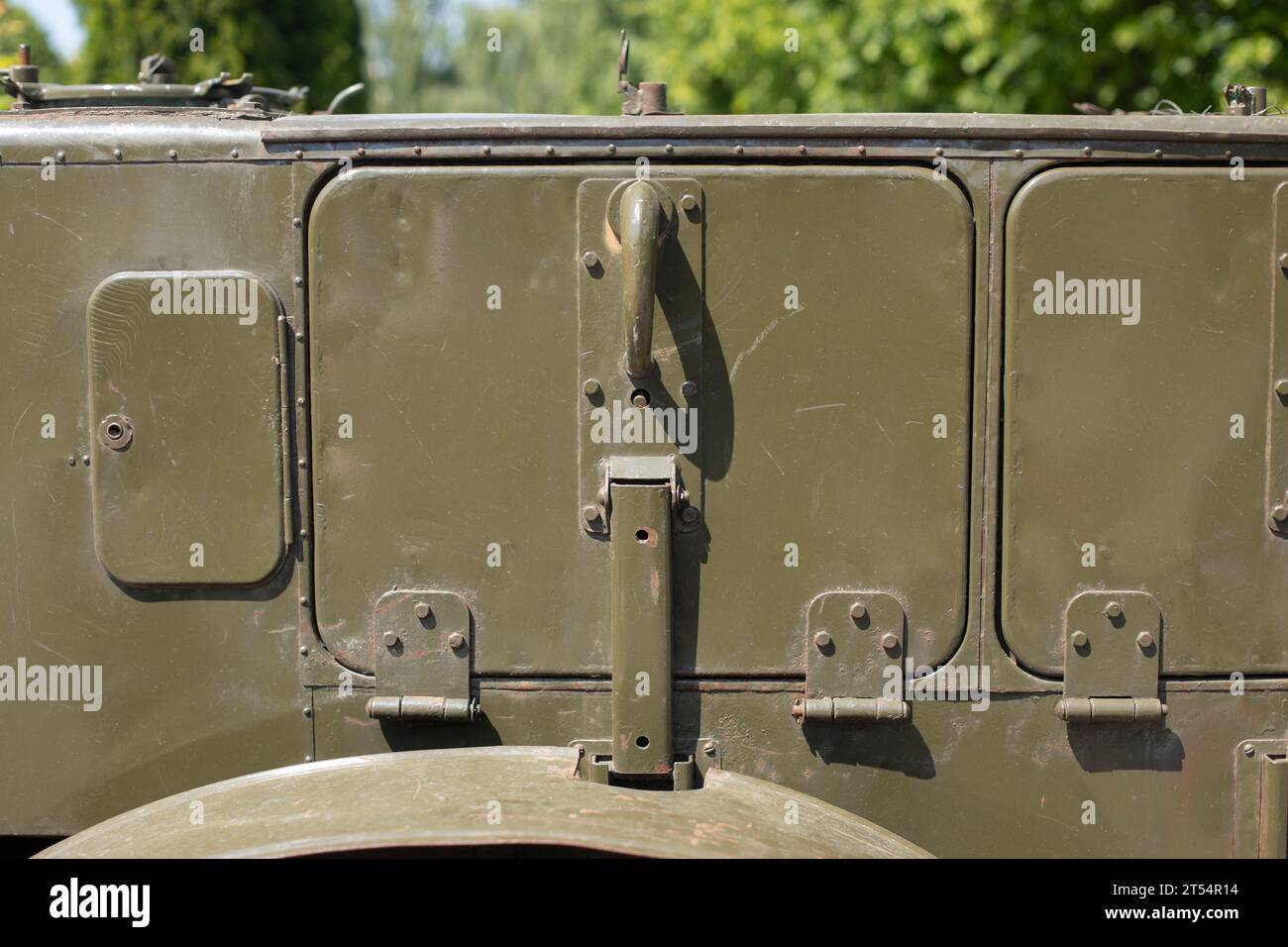 Military cuisine. Field Kitchen Machine. Military truck trailer ...