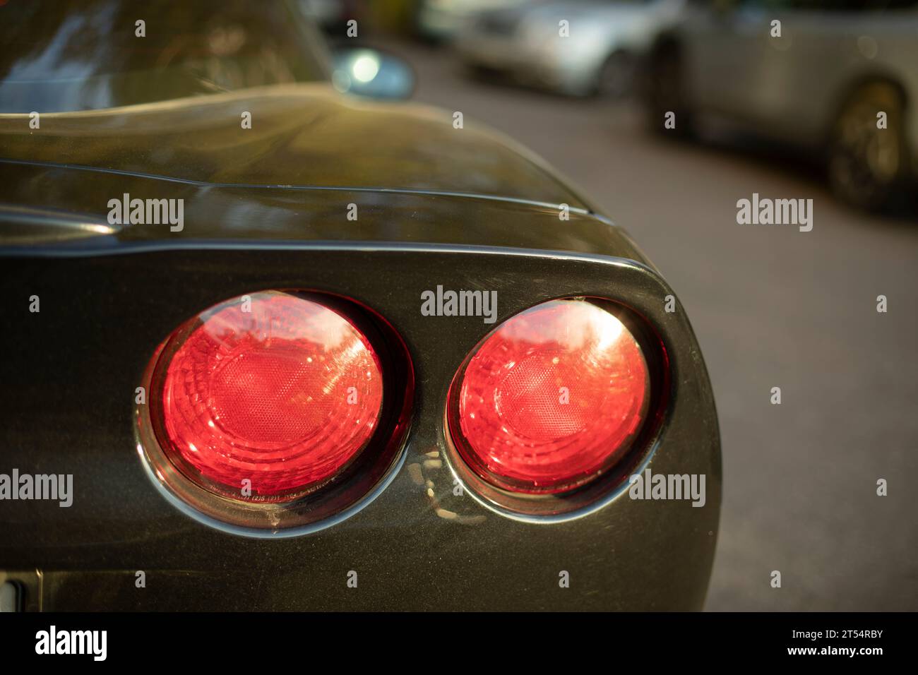 Details of a sports car. Round signal lights on vehicles. Red ...