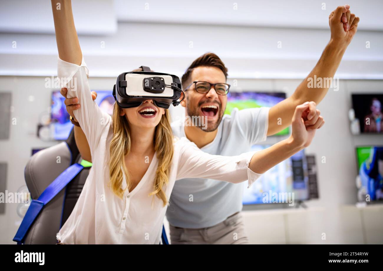 Group of people using virtual reality headset at exhibition, show. VR ...