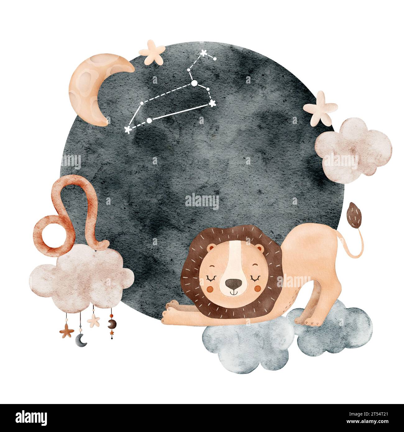 Watercolor children's composition with the zodiac sign Leo, cloud ...