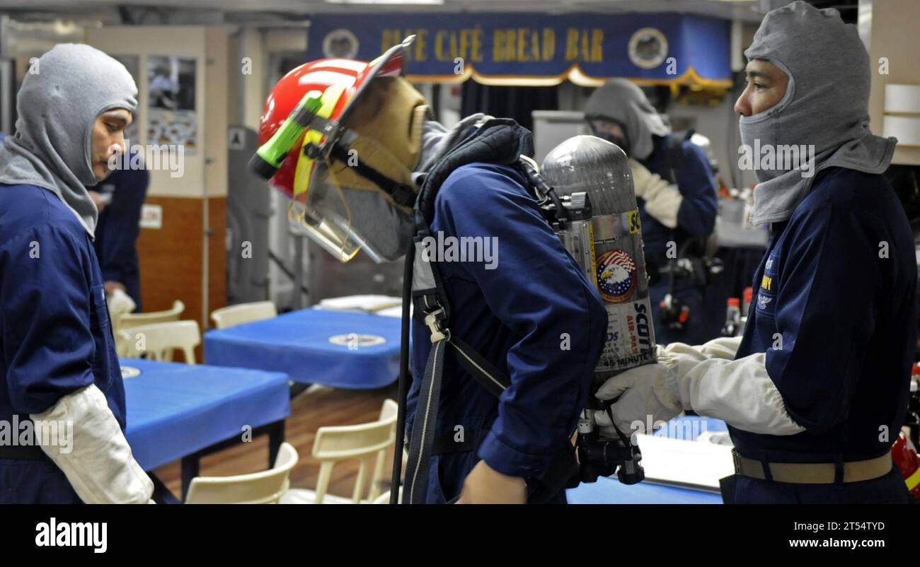 Engine Room Fire Drill, lcc 19, Sailors, U.S. 7th Fleet command ship, U ...