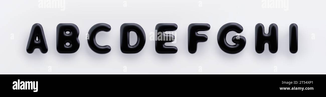 3D Black uppercase letters A, B, C, D, E, F, G, H and I a glossy ...