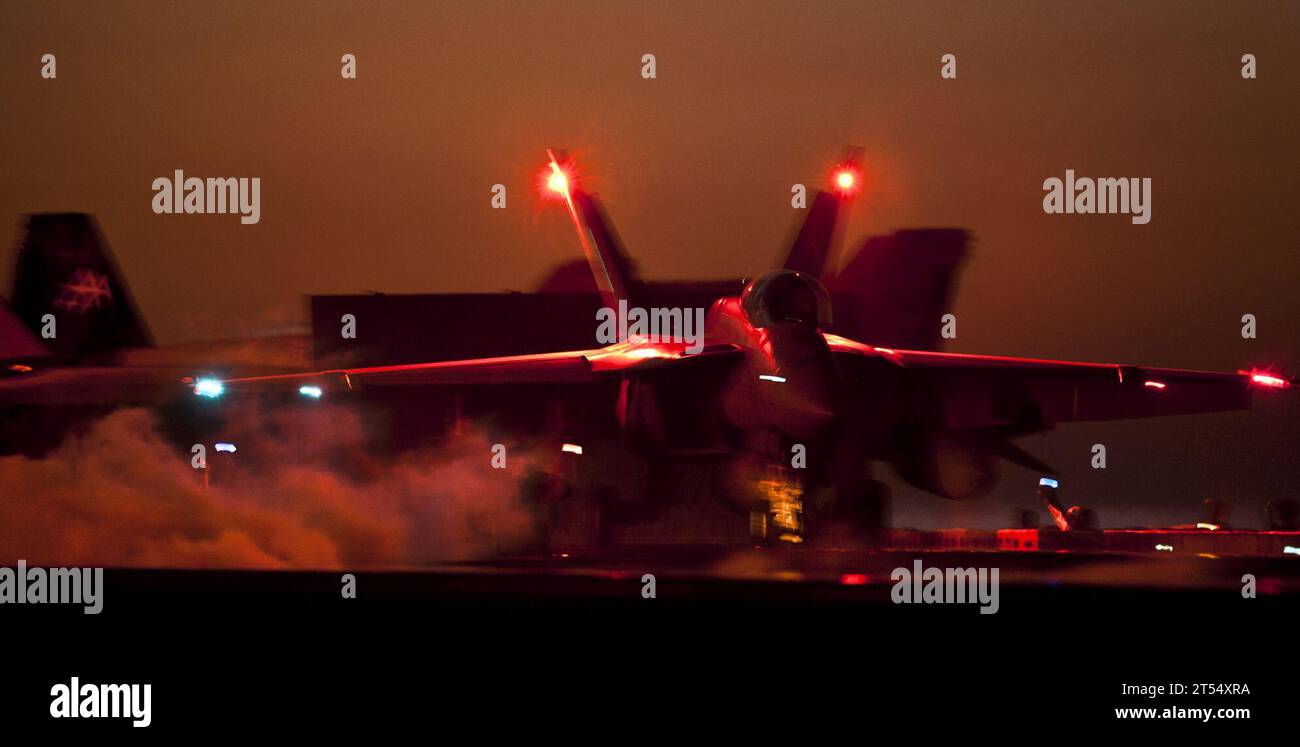 F/A-18E Super Hornet, flight deck, night, U.S. navy , USS Carl Vinson ...
