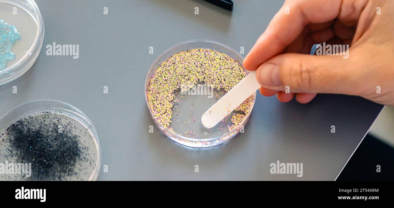 Female scientist hands taking sample of small plastic particles from ...