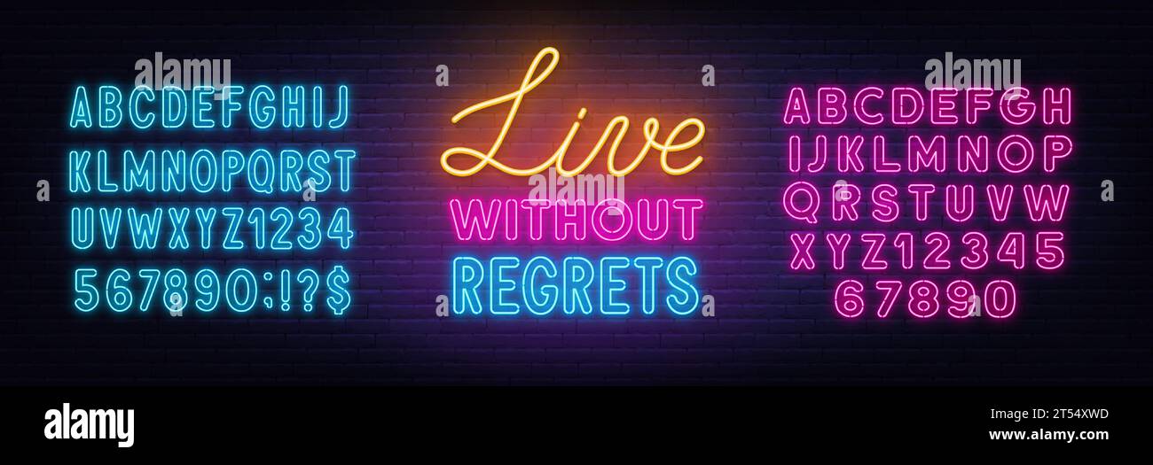 Live Without Regrets neon lettering on brick wall background. Pink and ...