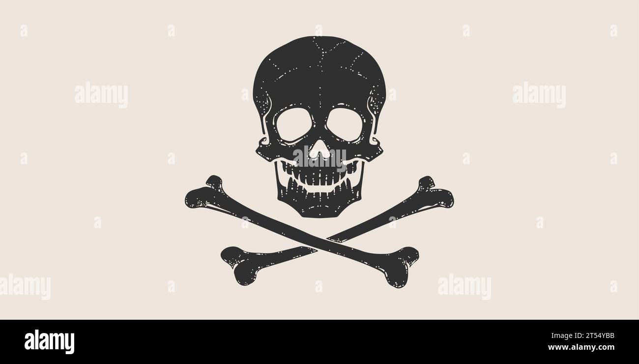 Death Skull Crossbones. Retro hand drawn white skull with cross bones ...