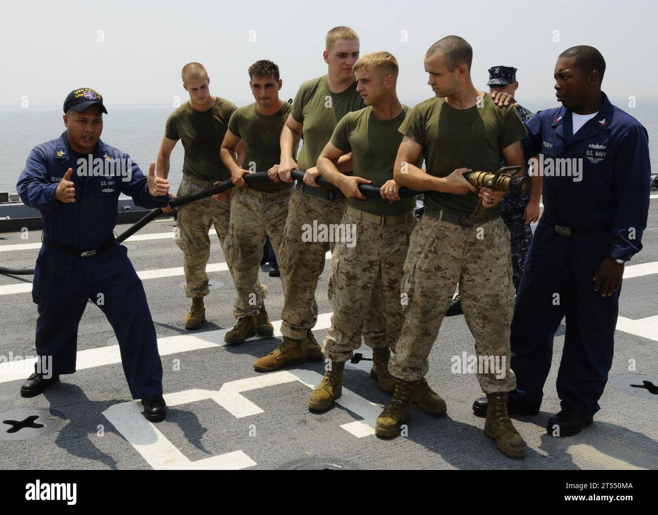 Fire Drill, hose handling, LPD 15, Sailors, training, transport dock ...