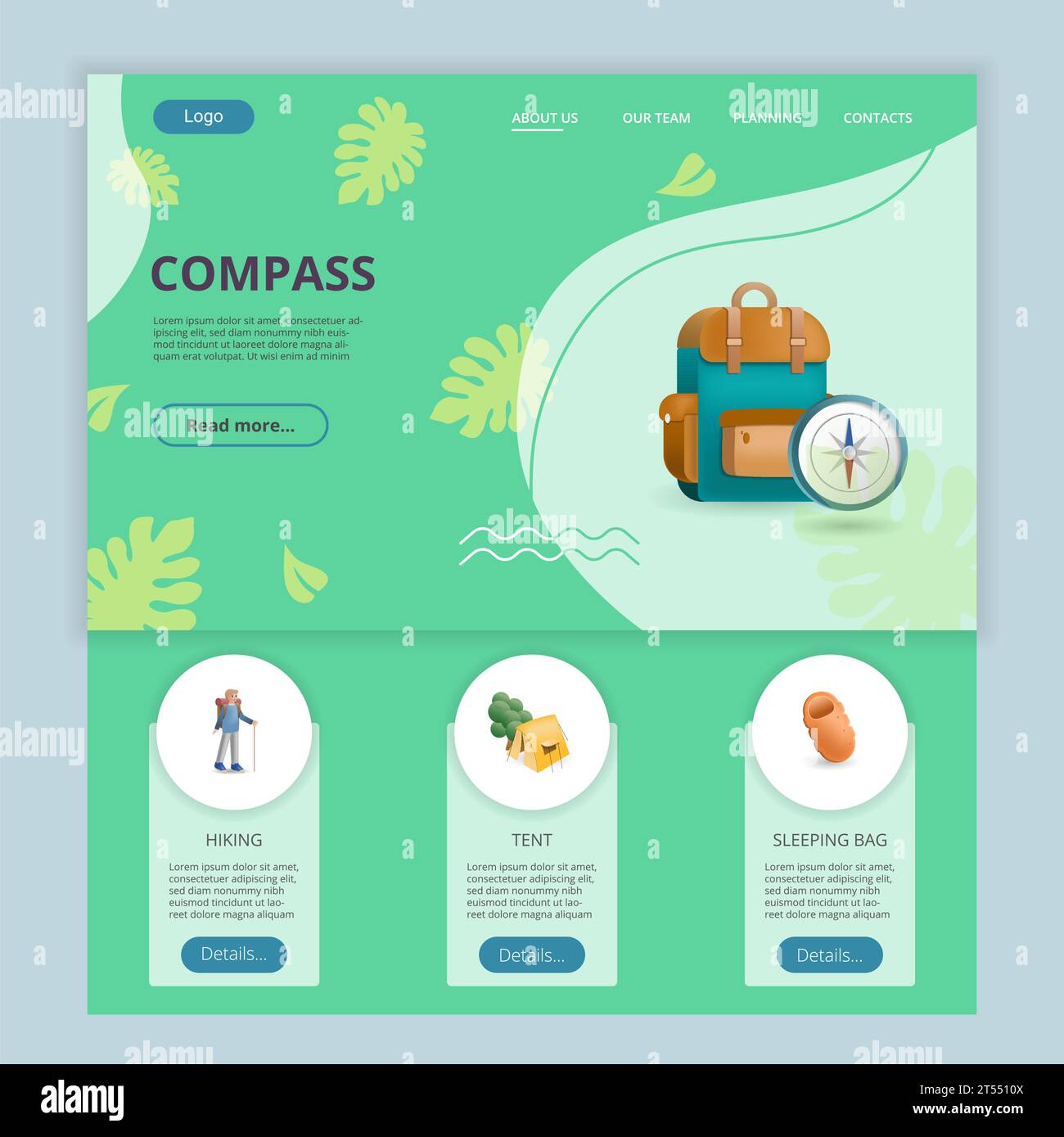 Compass flat landing page website template. Hiking, tent, sleeping bag ...