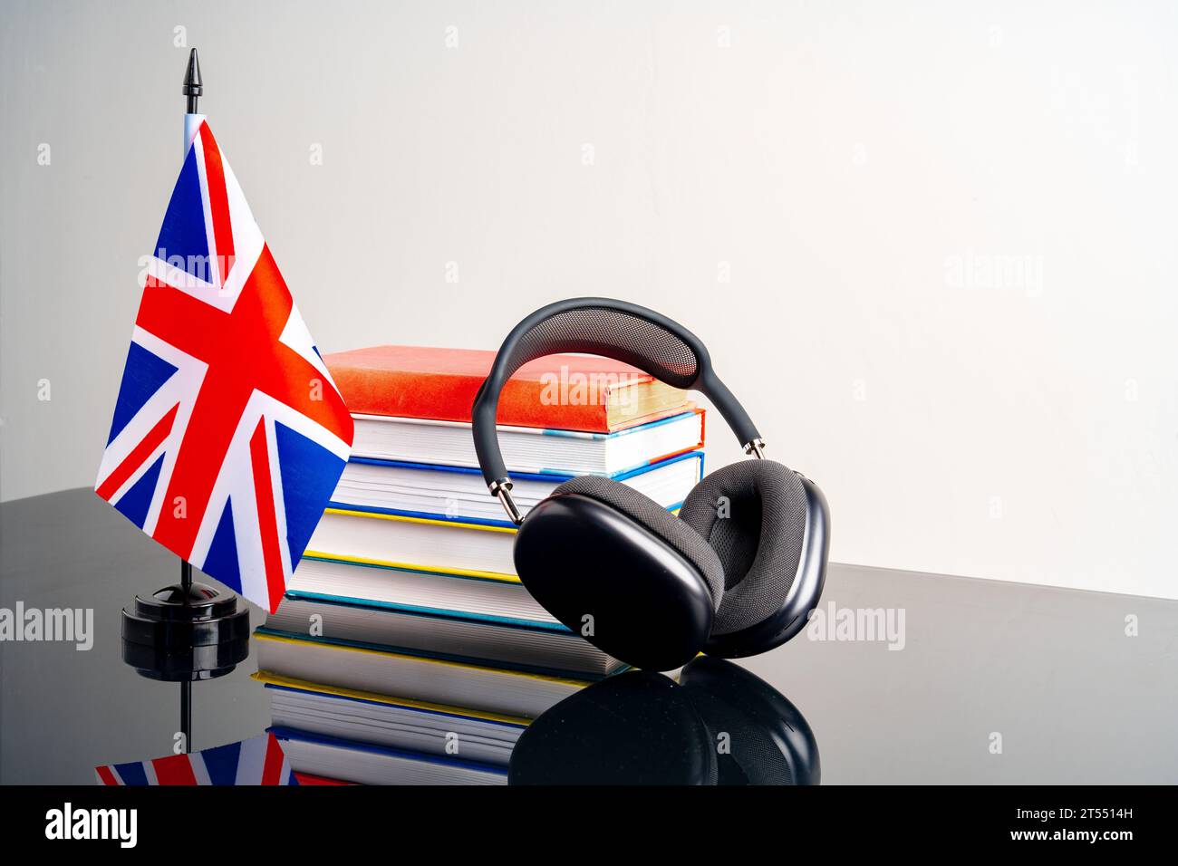 English language learning concept with books and flag of Great Britain ...