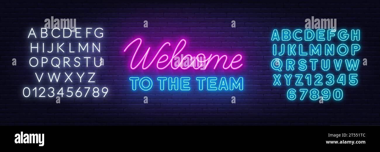 Welcome to the team neon lettering on brick wall background. Blue and ...