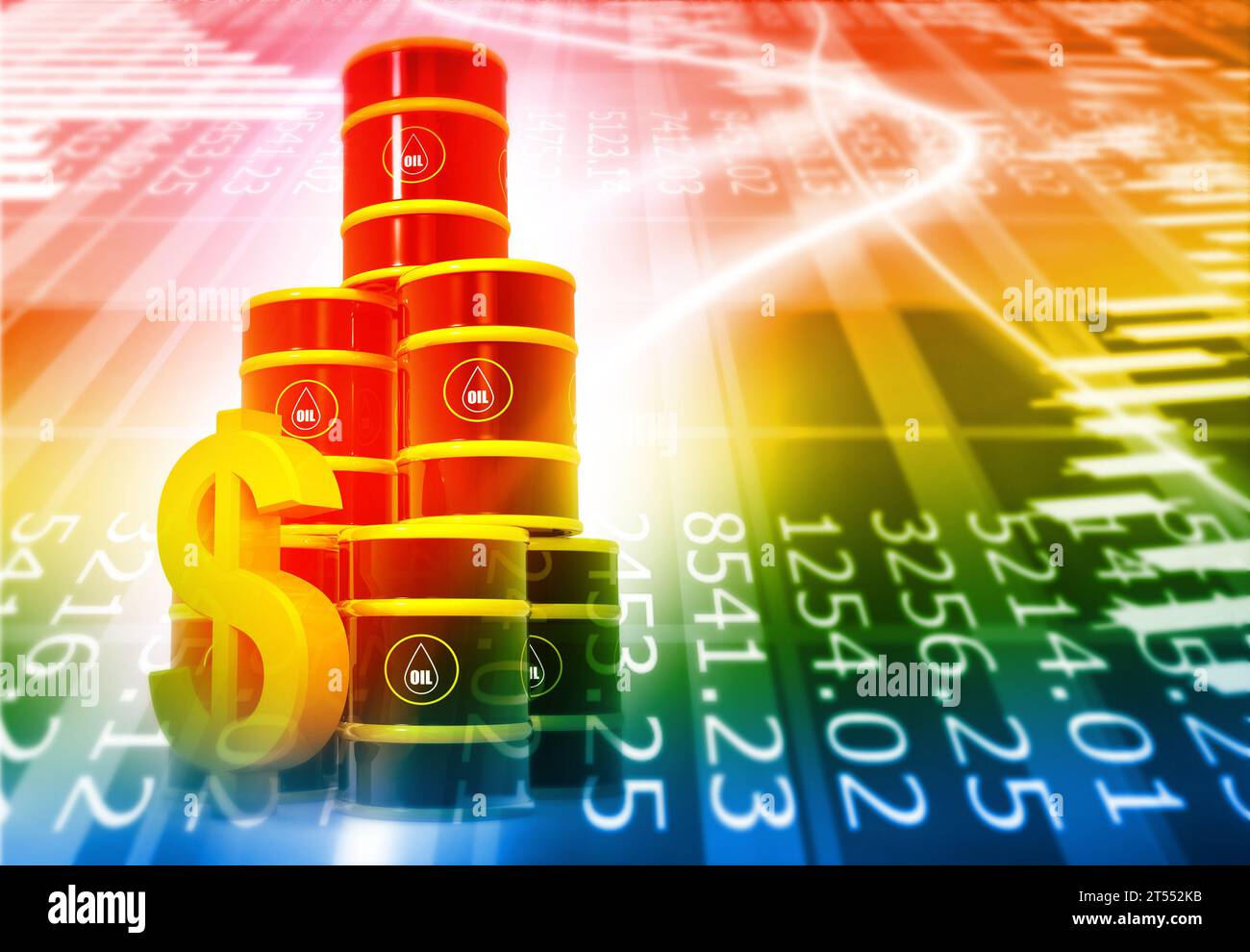 Dollar symbol and oil barrels on stock market graph. 3d illustration ...