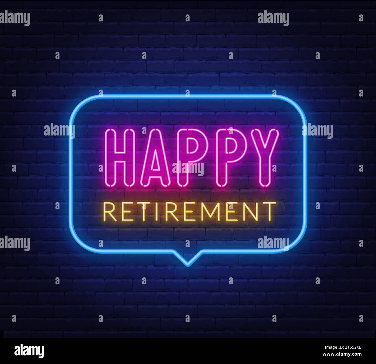 Happy Retirement neon sign in the speech bubble on brick wall ...