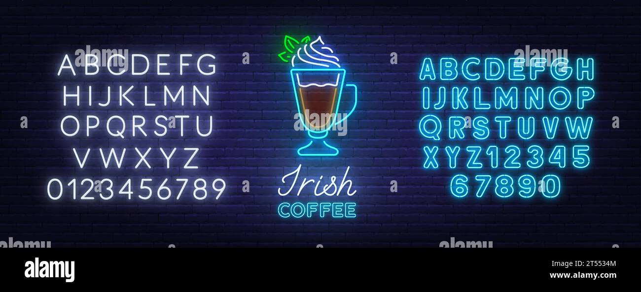 Irish Coffee cocktail neon sign on brick wall background. Blue and ...
