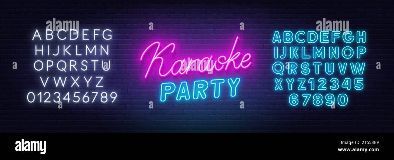 Karaoke party neon lettering on brick wall background. Blue and white ...