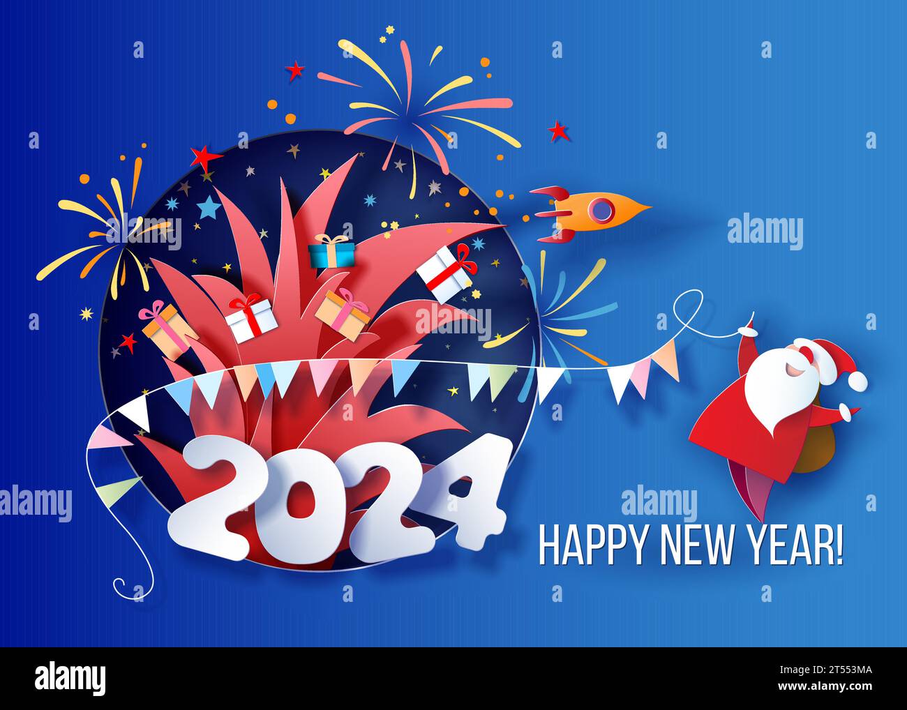 New year card advertising design. Santa Claus and fireworks over big ...