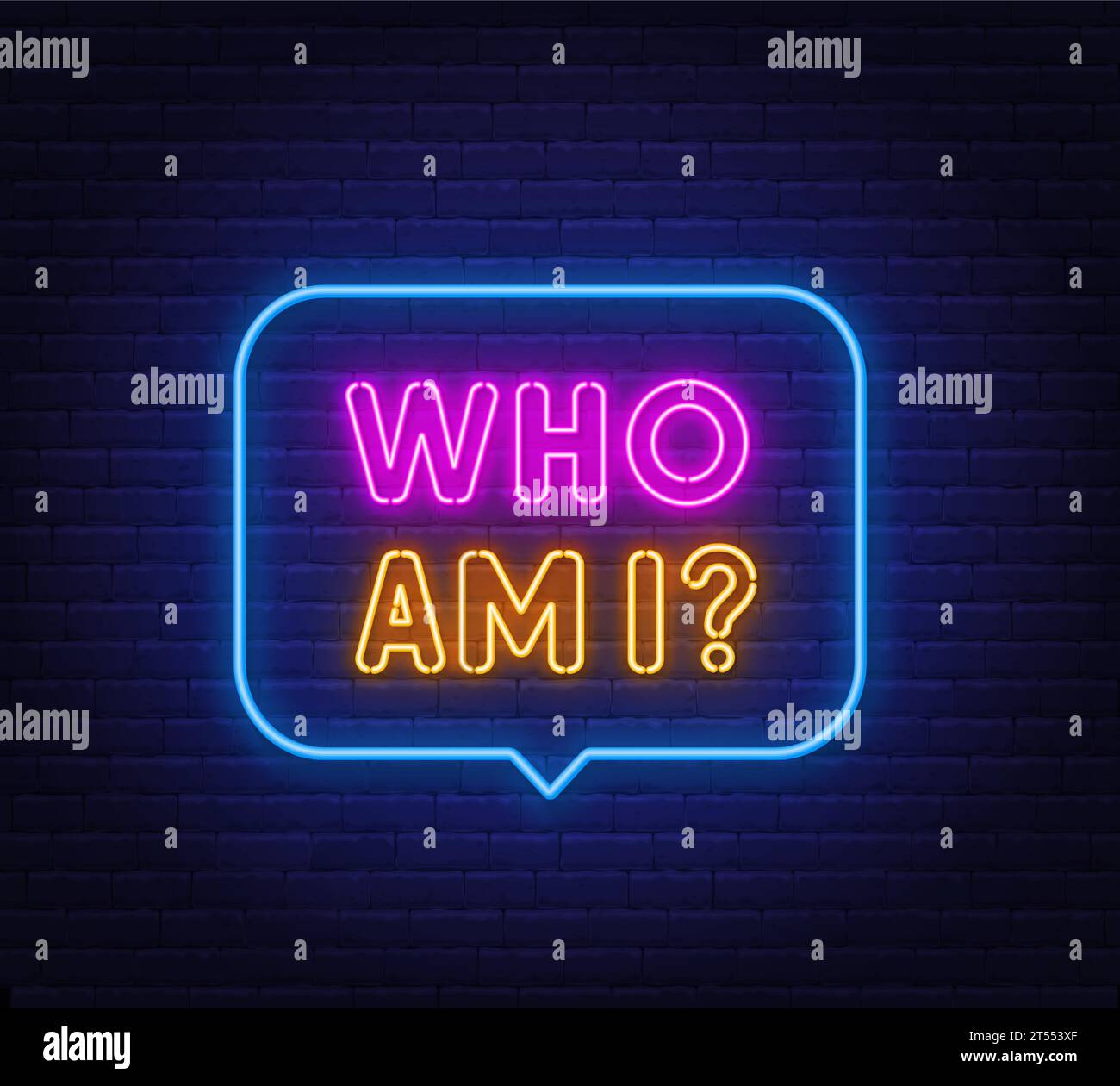 Who Am I neon sign in the speech bubble on brick wall background Stock ...