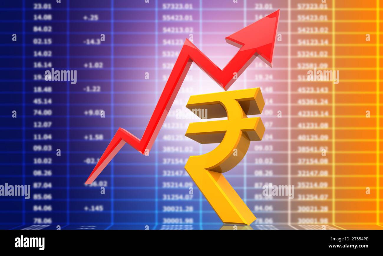 Arrow graph with a India Rupee symbol. successful investment chart. 3d ...