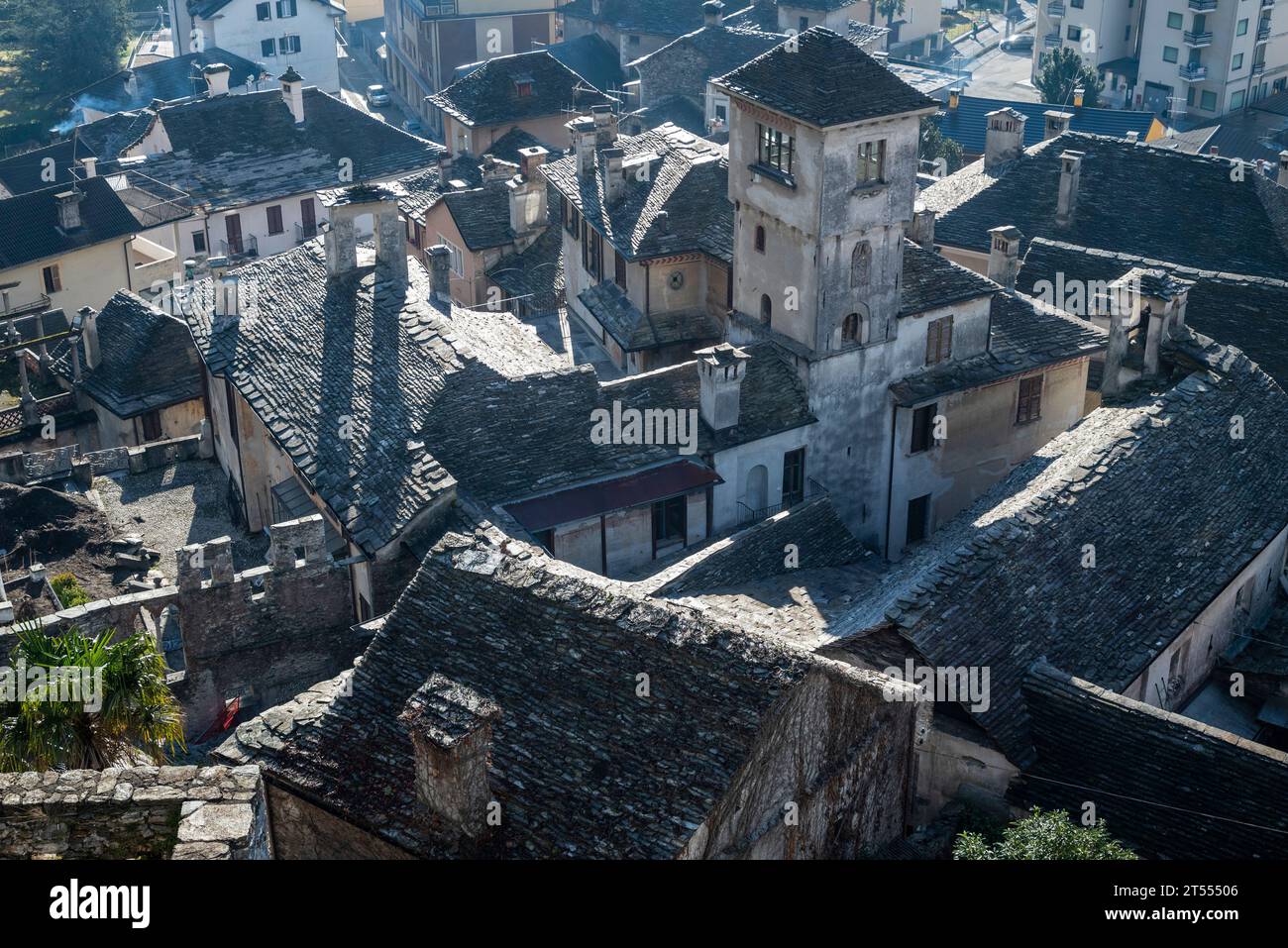 Panorama from above of the roofs of the historic village of Vogogna ...