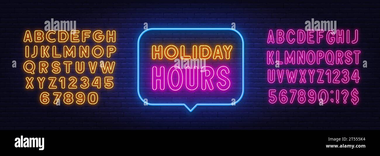 Holiday Hours neon sign in the speech bubble on brick wall background ...