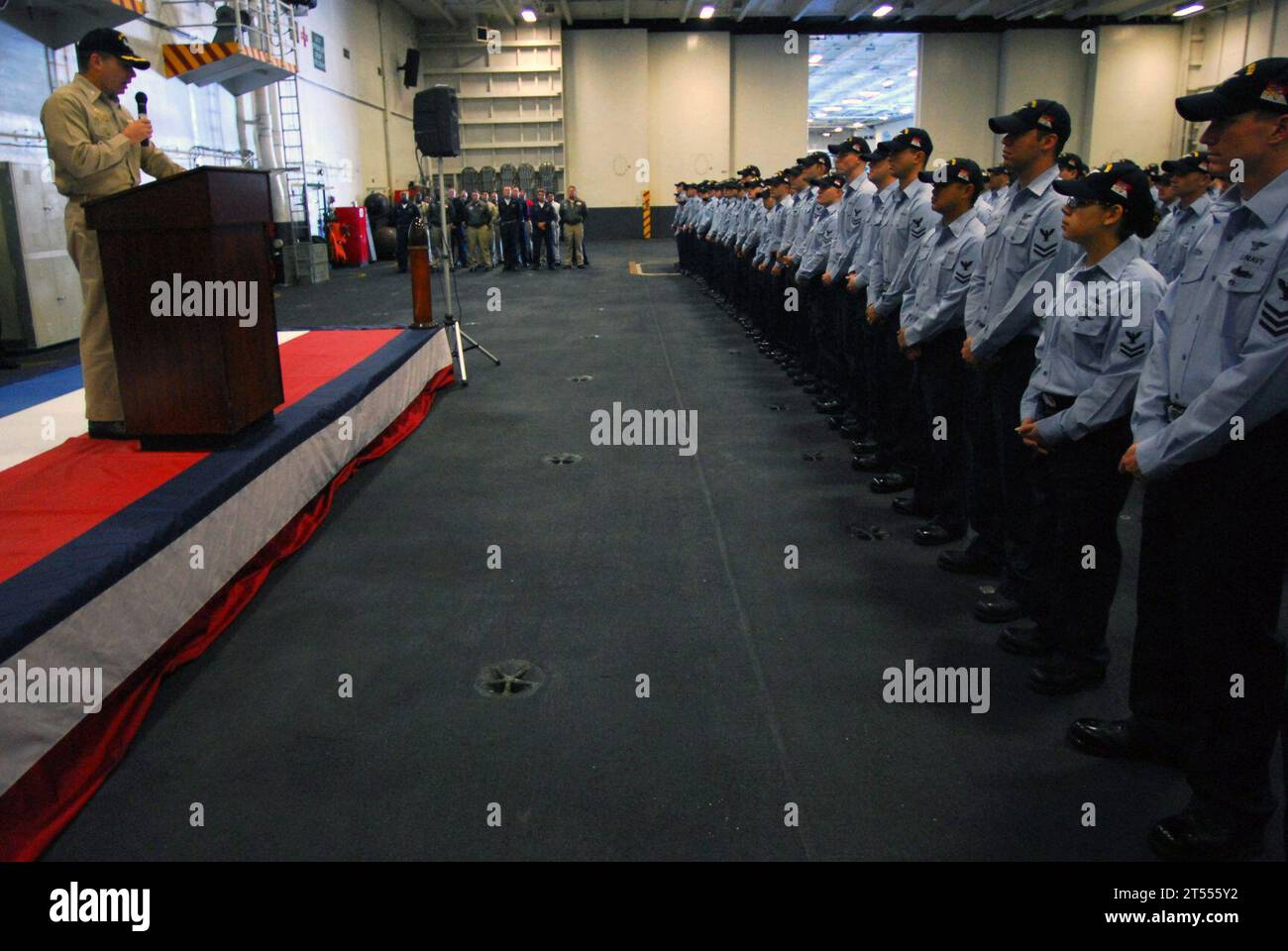 formation, frocking ceremony, HANGAR BAY, Nimitz-class nuclear-powered ...