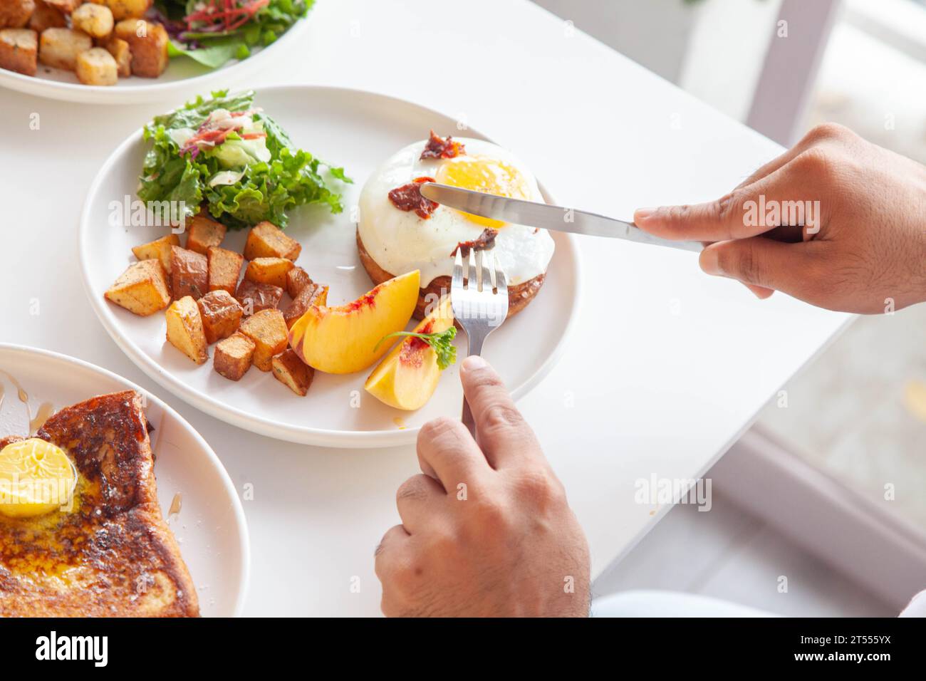 Breakfast brunch lifestyle food with hands at a cafe coffee shop Stock ...