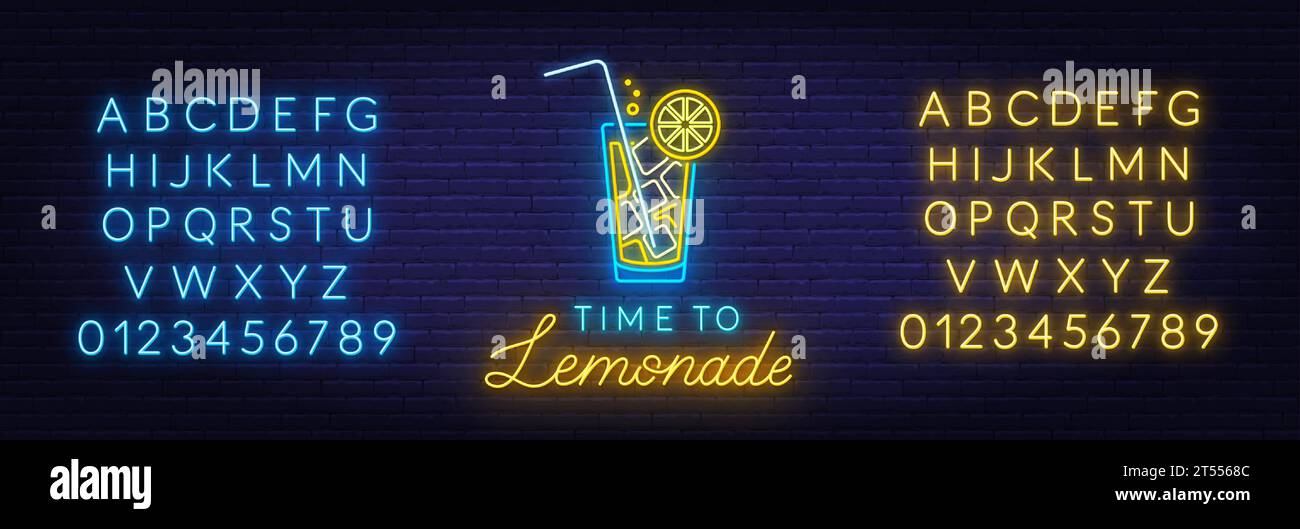 Time to Lemonade neon sign on brick wall background. Blue and yellow ...