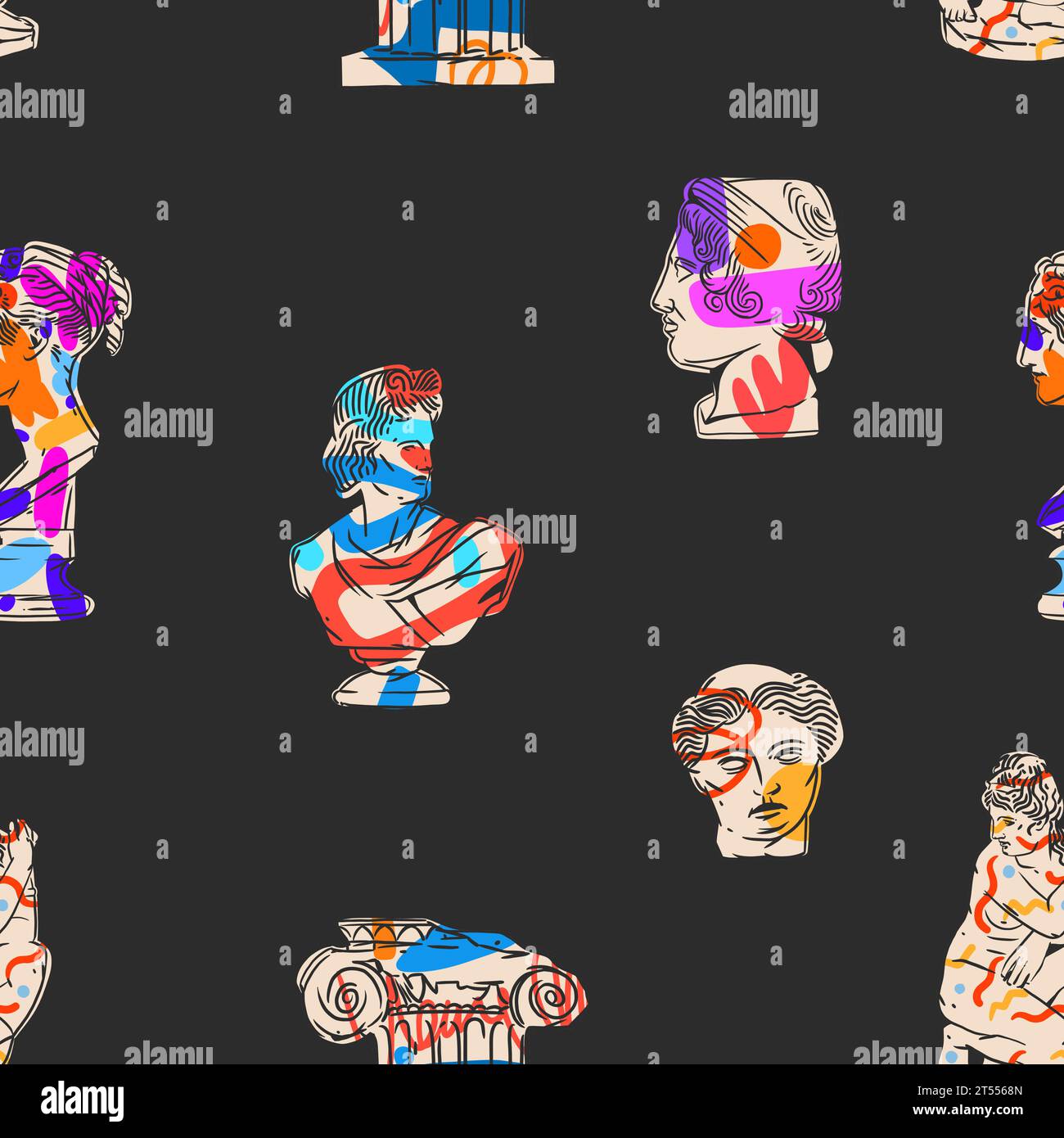 Hand drawn vector abstract graphic, greek ancient sculpture statues and ...